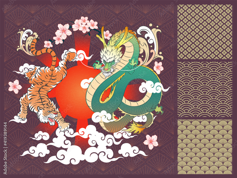 Abstract Art Japanese Tiger Climb down and Dragon Flying with Sun ...