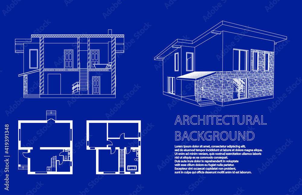 Perspective 3D, floor plan and cross section suburban house. Drawing of ...