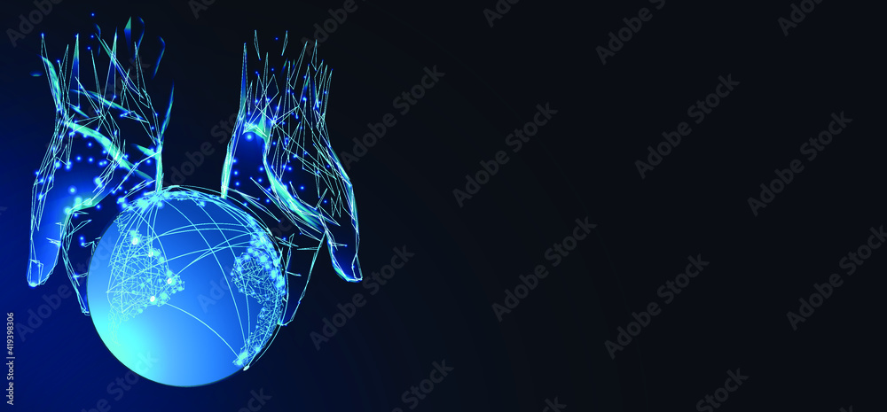 Hands holding Earth in dark blue. Digital vector world globe wireframe ...