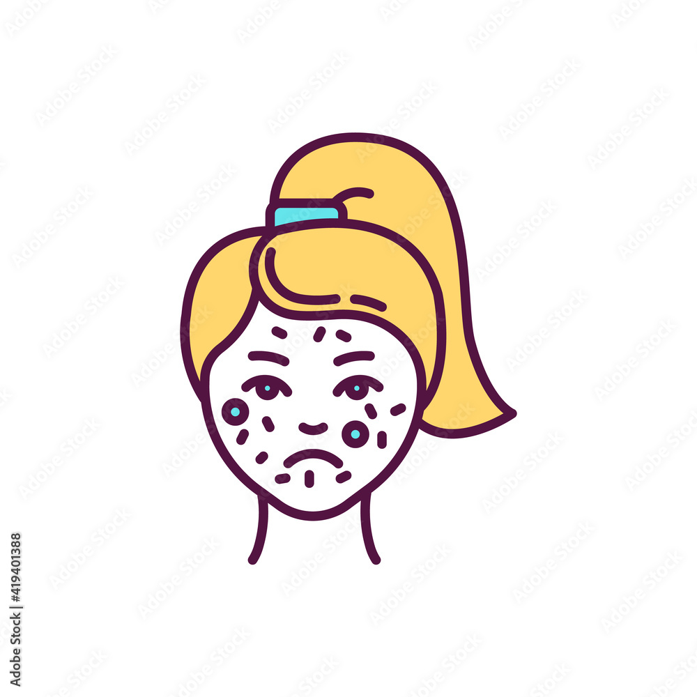 Allergic reaction on face RGB color icon. Rash, hives. Allergic contact ...