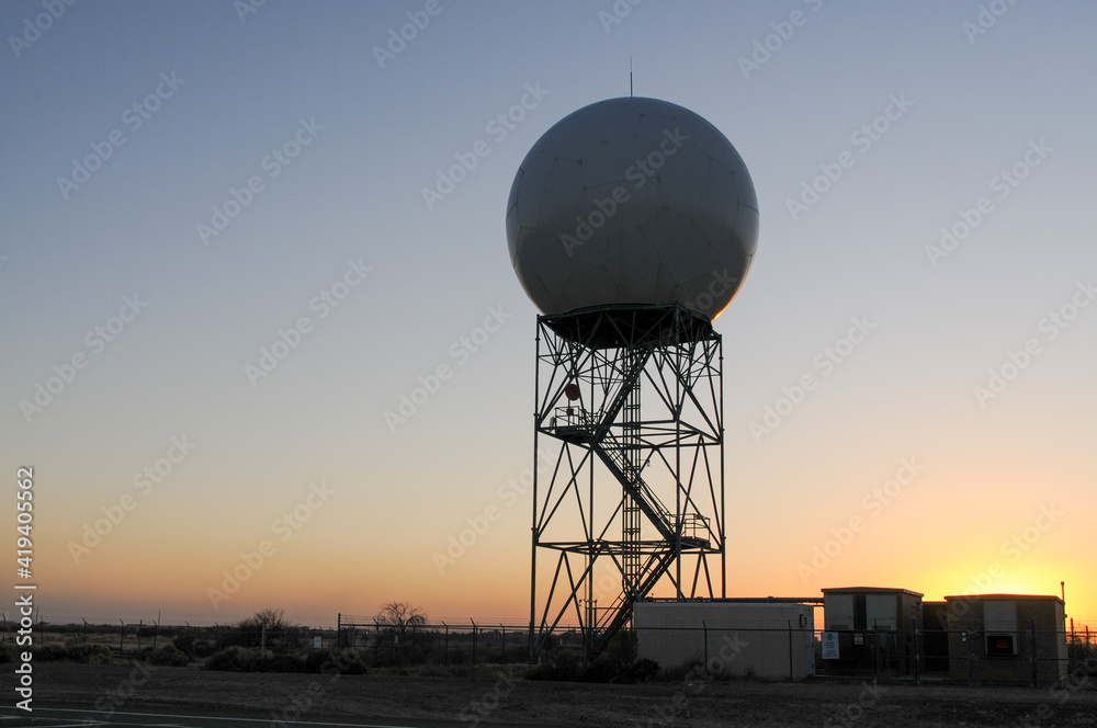 Stock-Foto „Doppler weather radar tower with a spherical radome atop a ...