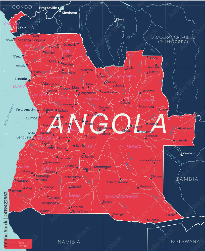 Angola country detailed editable map with regions cities and towns ...