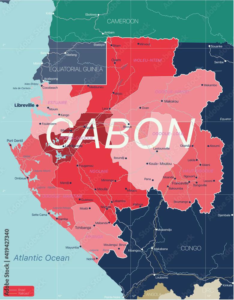 Gabon country detailed editable map with regions cities and towns ...