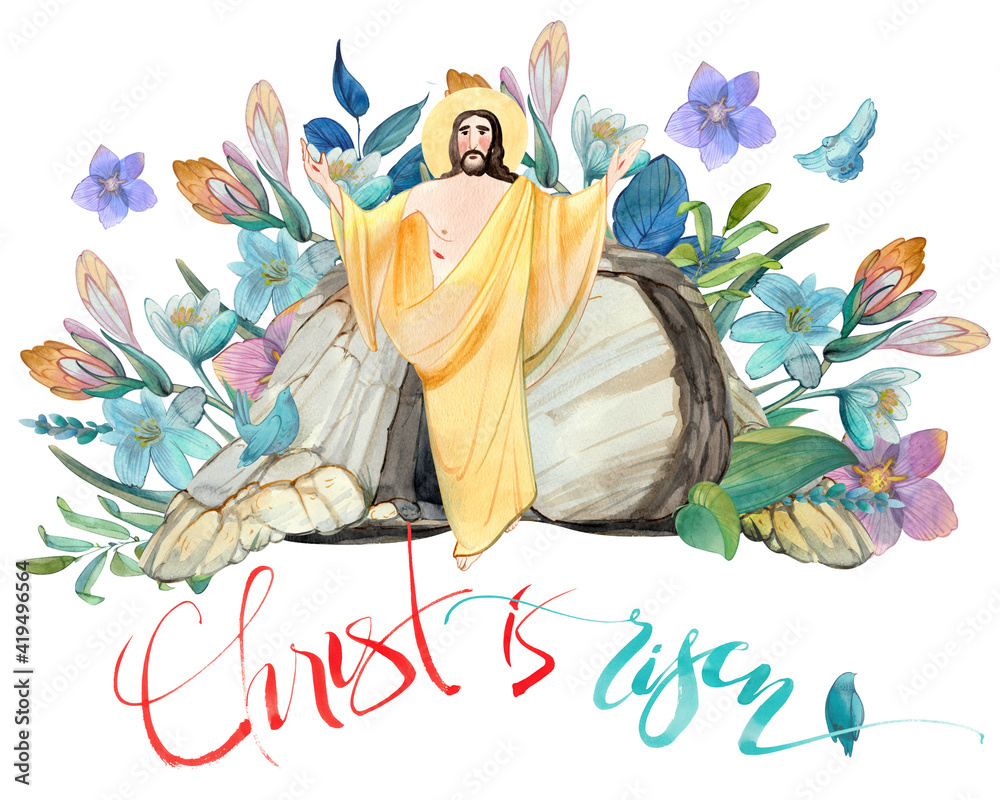 Easter watercolor illustration: cave, Risen Jesus Christ blesses ...