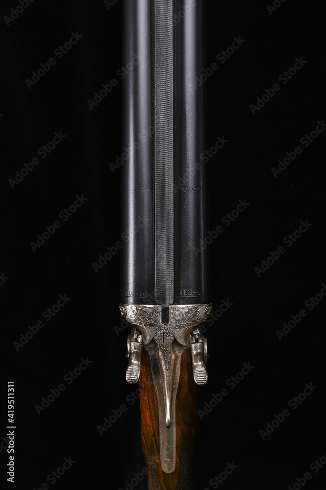 Details of an elegant double-barreled hunting classic shotgun on a ...