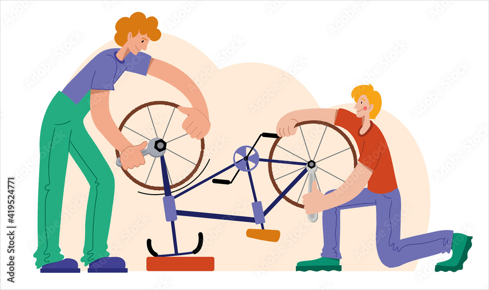 People are repairing a bicycle. Bicycle repair. The mechanic repairs ...