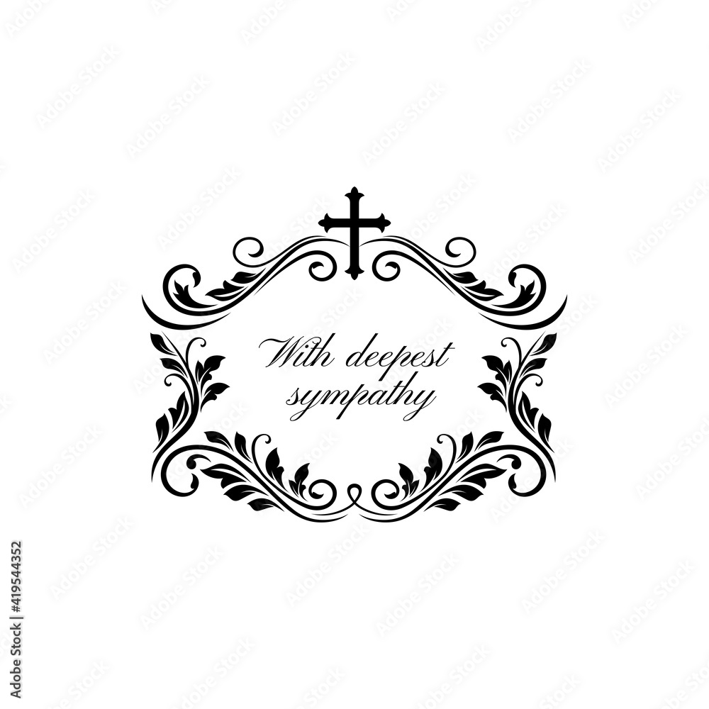 Obituary memorial lettering and floral ornament with cross isolated ...