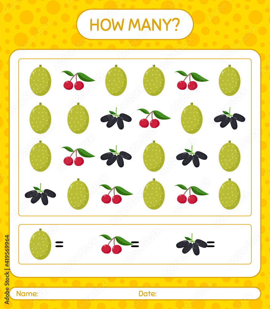 How many counting game with fruit. worksheet for preschool kids, kids ...