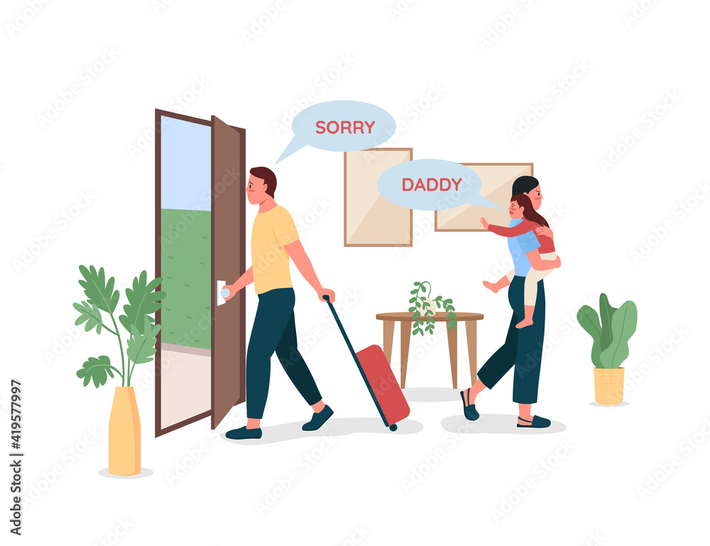Father leaving wife and kid flat color vector detailed characters ...
