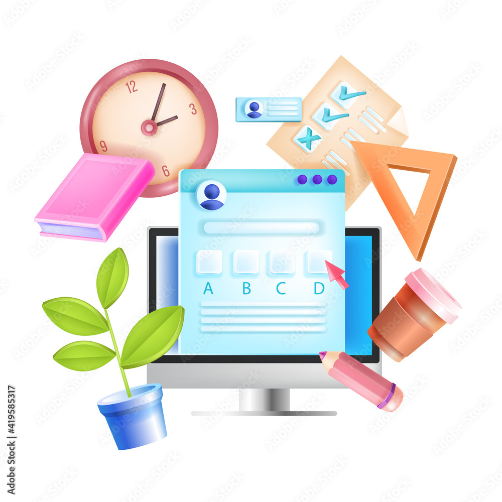 Online exam, vector internet distant test illustration, computer screen ...