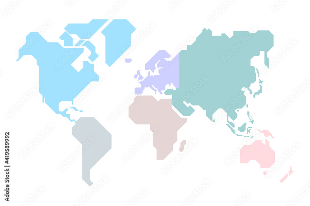 Simplified world map drawn with sharp straight lines (different colors ...