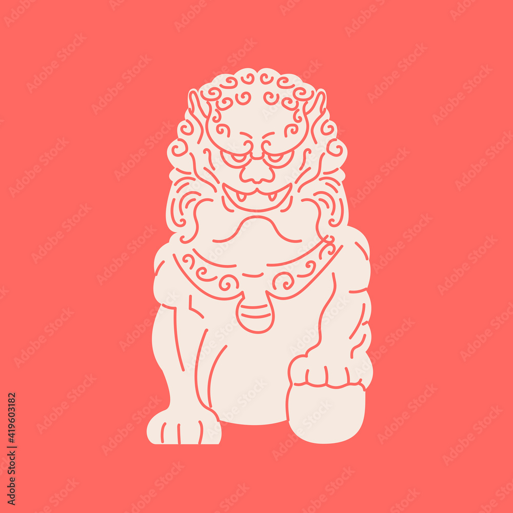 Guardian Asian dog statue flat cartoon illustration. Traditional ...