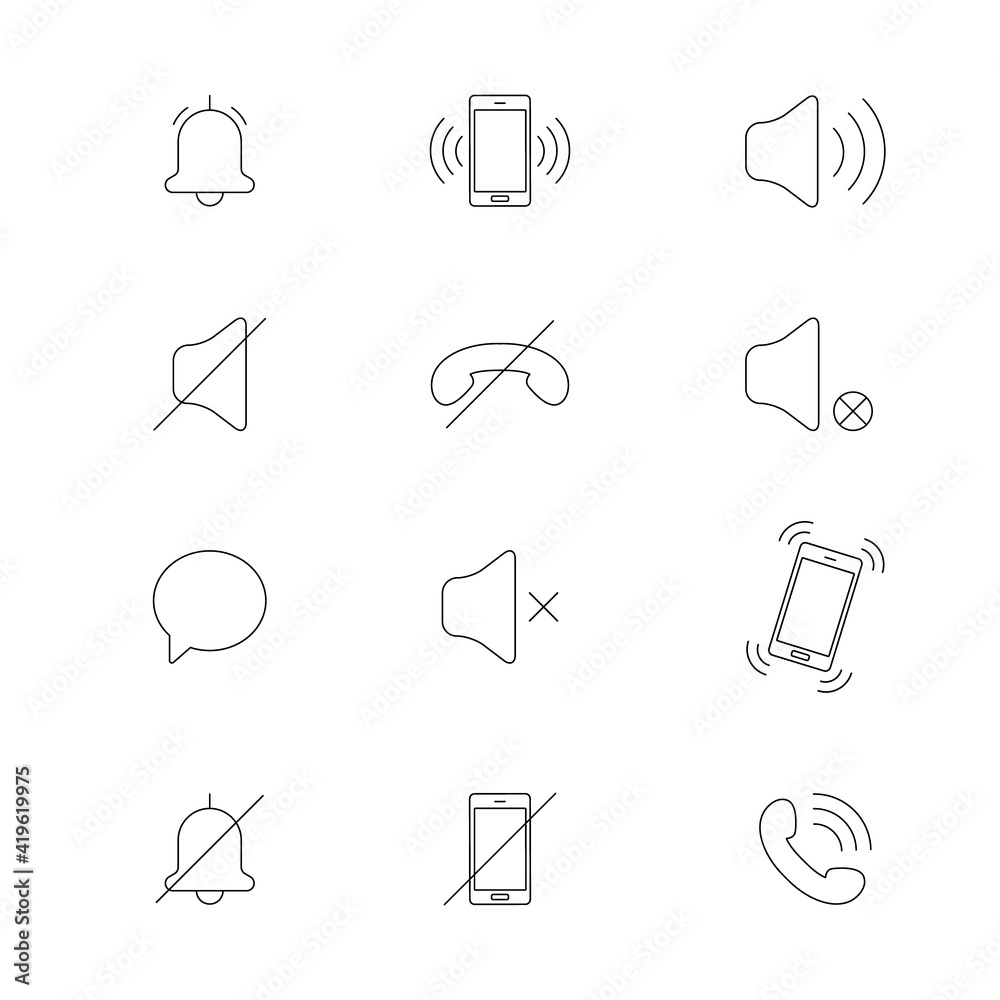 Audio mobile phone line icons. Quiet mode. Mode of noise, silence ...