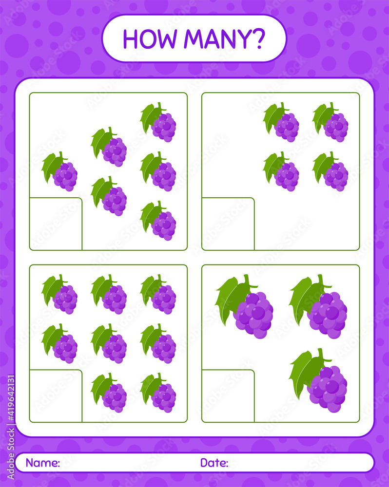 How many counting game with grape worksheet for preschool kids, kids ...