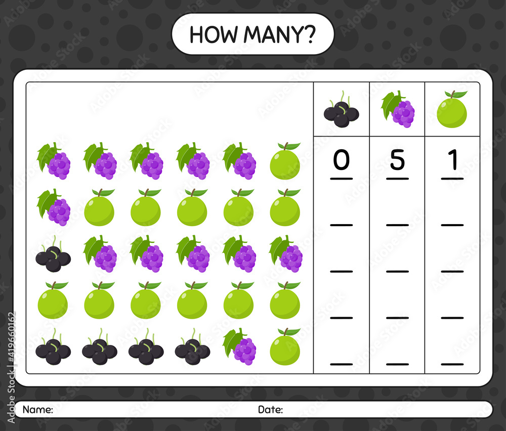 How many counting game with fruit. worksheet for preschool kids, kids ...