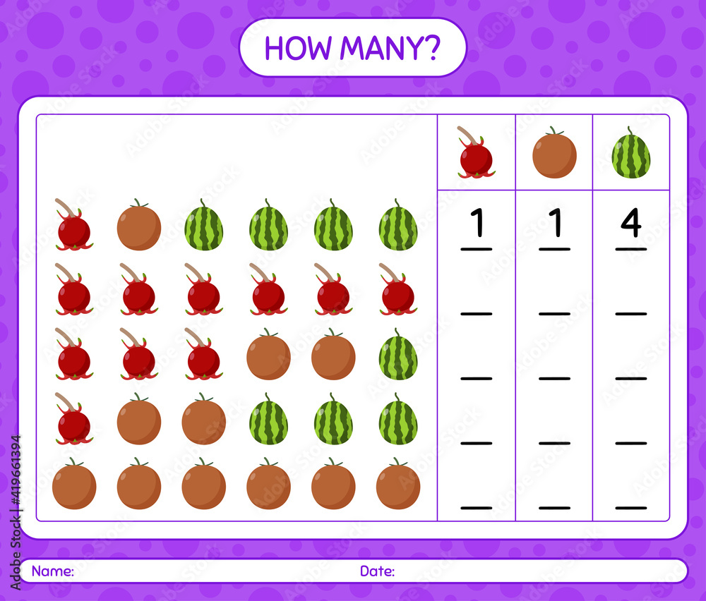 How many counting game with fruit. worksheet for preschool kids, kids ...