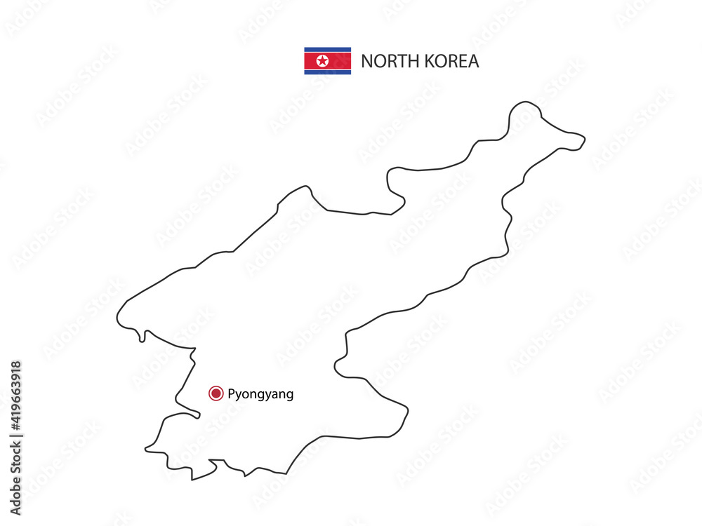 Hand draw thin black line vector of North Korea Map with capital city ...