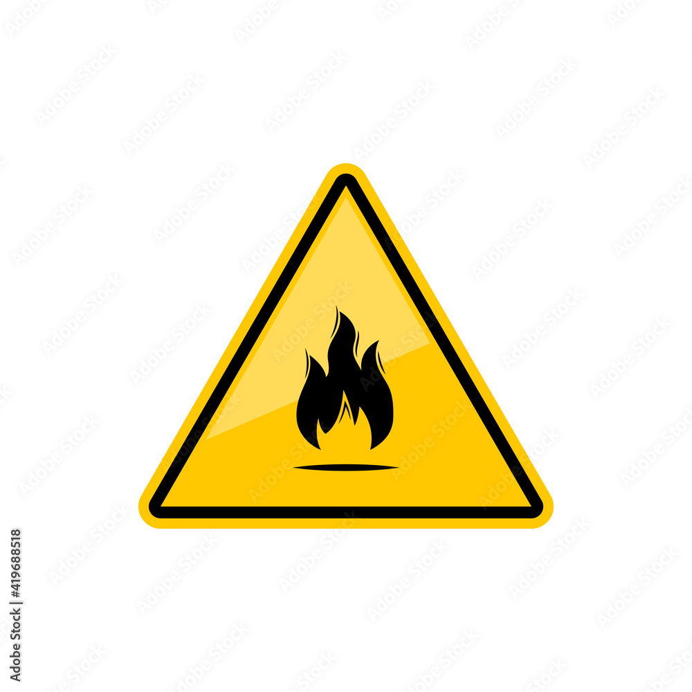 Fire warning sign in yellow triangle isolated icon. Vector flammable or ...