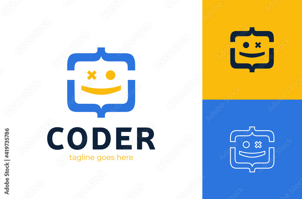 Fun Coding, Developer coding icon vector illustration, programming logo. smile face logo coding ...