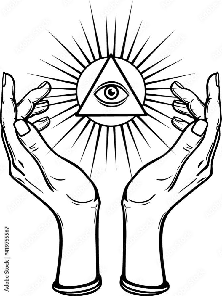 Human hands hold the shining triangle a symbol of eyes. Coloring book ...