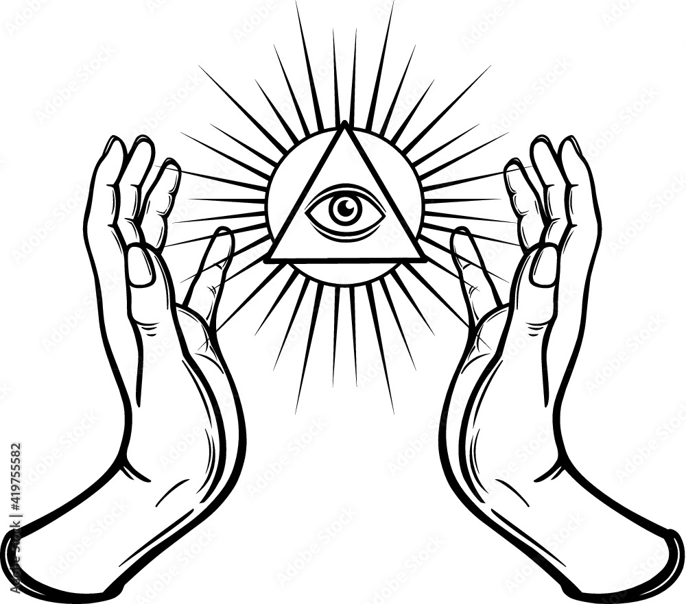 Human hands hold the shining triangle a symbol of eyes. Coloring book ...