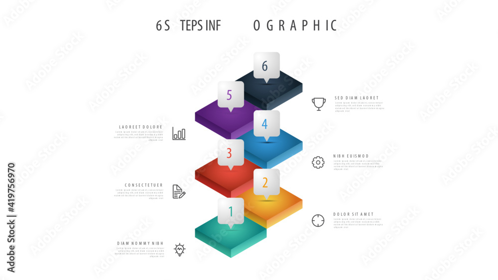 6 steps infographic element template with 3 stack of stairs, layout ...