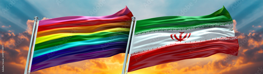Iran Flag and Rainbow Flag waving with texture Blue sky could and ...
