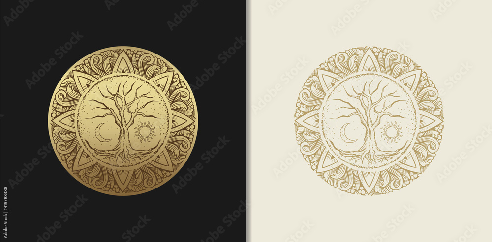 Tree of life with moon and sun with engraving, luxury theme for tarot ...