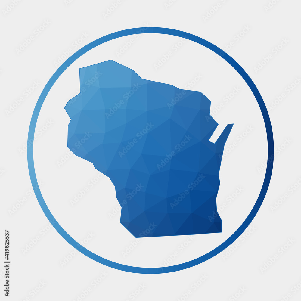 Wisconsin icon. Polygonal map of the US state in a gradient ring. Round ...