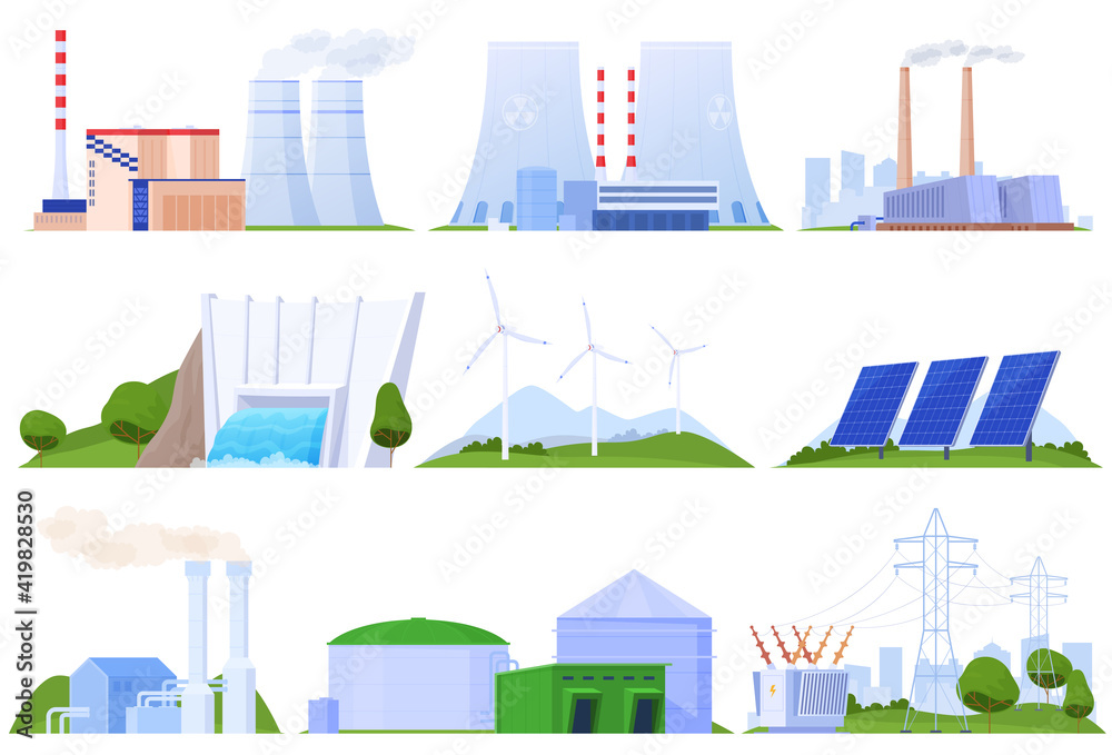 Set of power plants of different types. Nuclear energy, thermal power ...