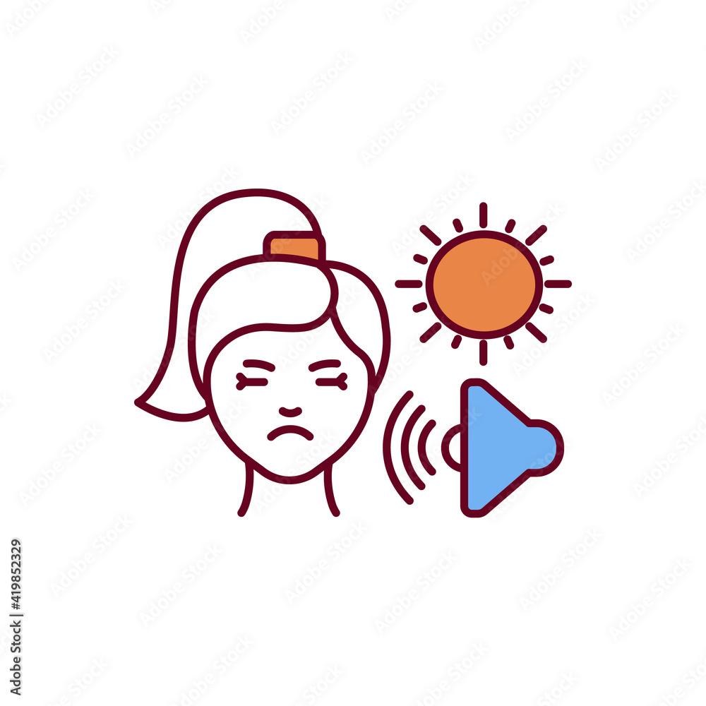Sensitivity to light and sound RGB color icon. Photophobia. Abnormal ...