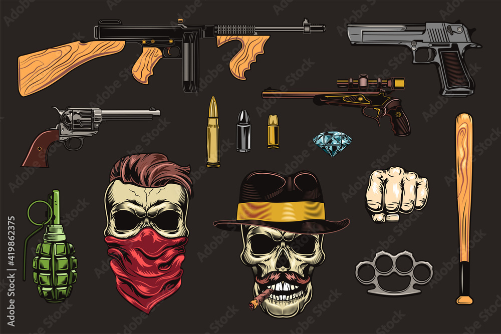 Black mafia and gangsters flat illustration set. Colored retro bandit ...