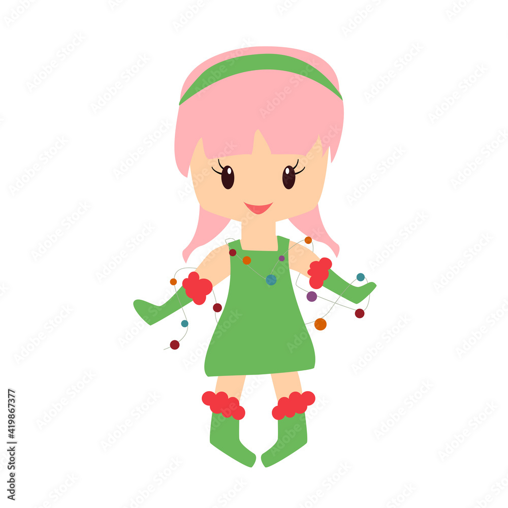 Vector de Stock Cartoon flat Little cheerful girl with a garland. Can ...