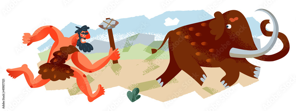 Caveman hunting mammoth in Stone Age. Prehistoric ancient history ...