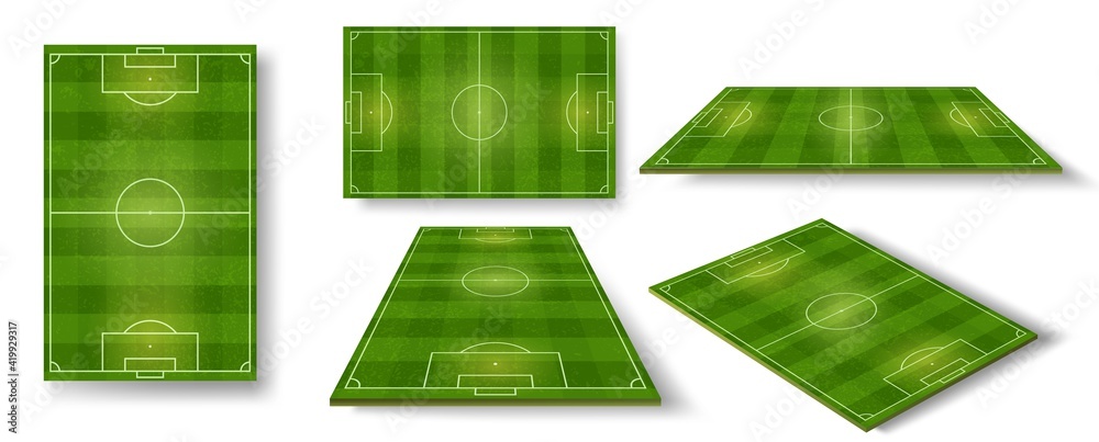 Football field. Soccer pitch scheme top, side and perspective view ...