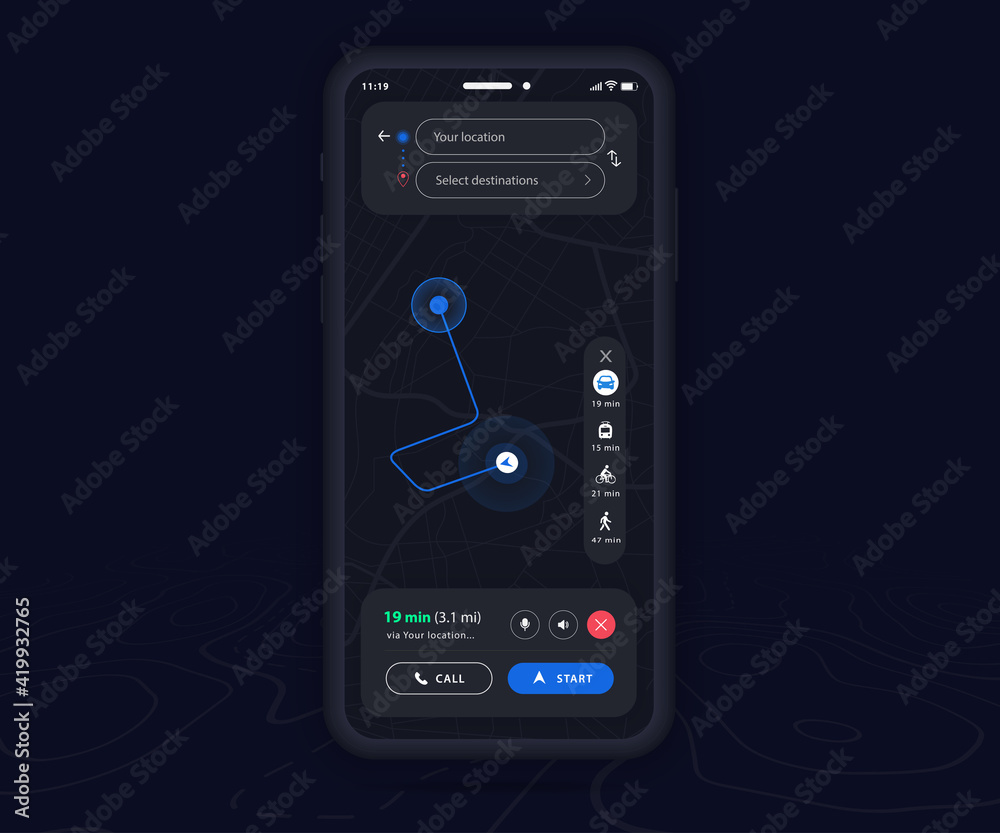 Image vectorielle Stock Smartphone map GPS navigation app dark mode ux ui concept, Mobile map ...