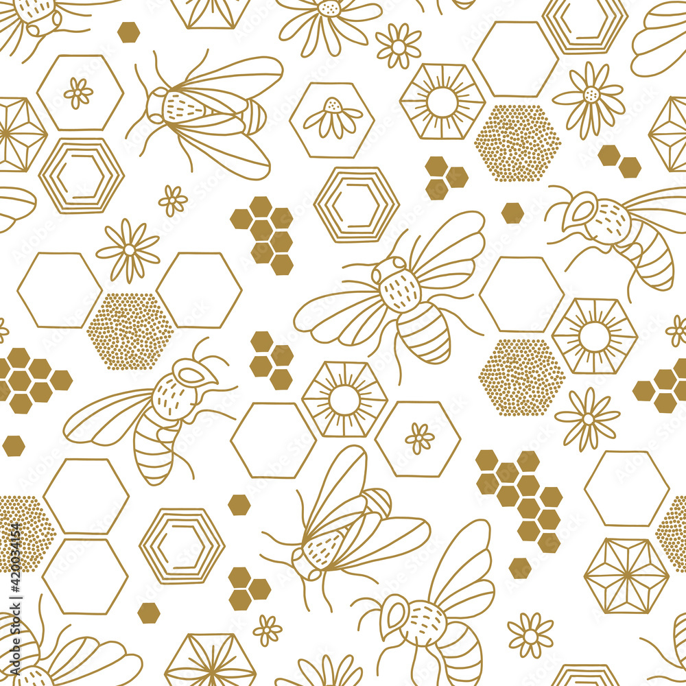 Bee Honeycomb Daisy line art vector seamless pattern. Honeybee floral ...
