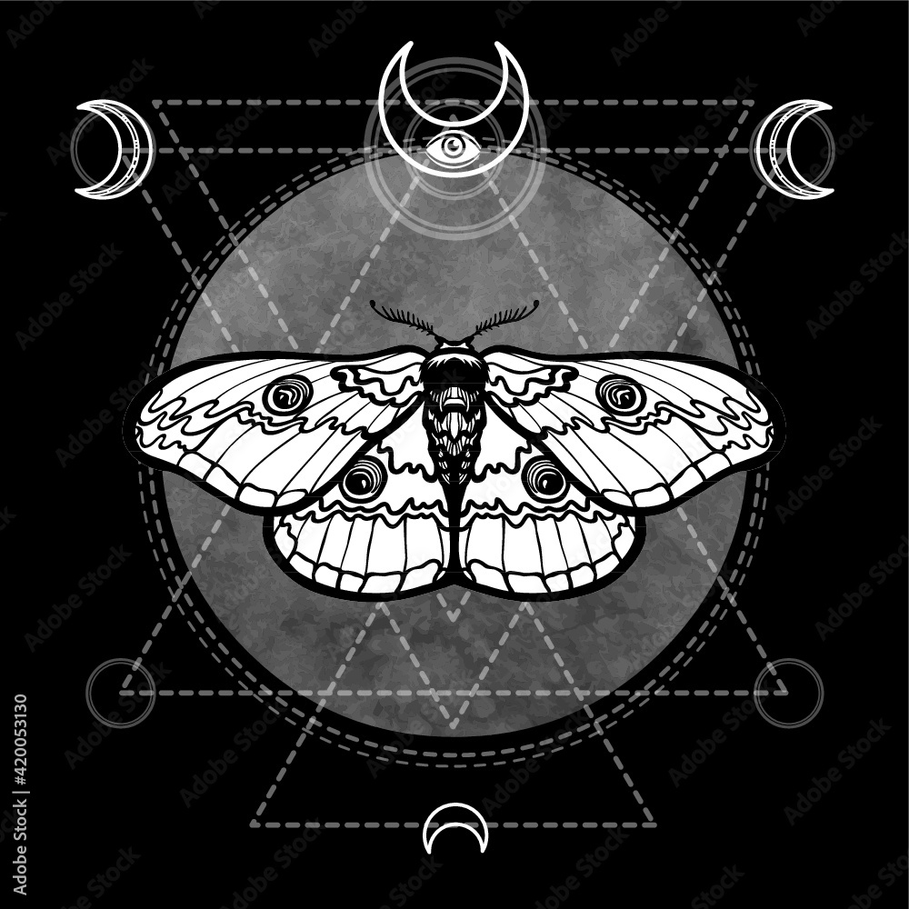 Night moth. Esoteric symbol, sacred geometry, images of the moon ...