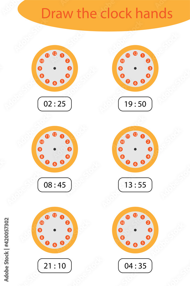 Ilustrace What time is it, draw the clock hands, game for children, fun ...