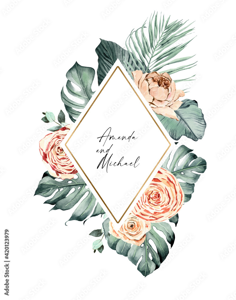 Illustration Stock Boho tropical flowers clipart, Watercolor boho roses ...