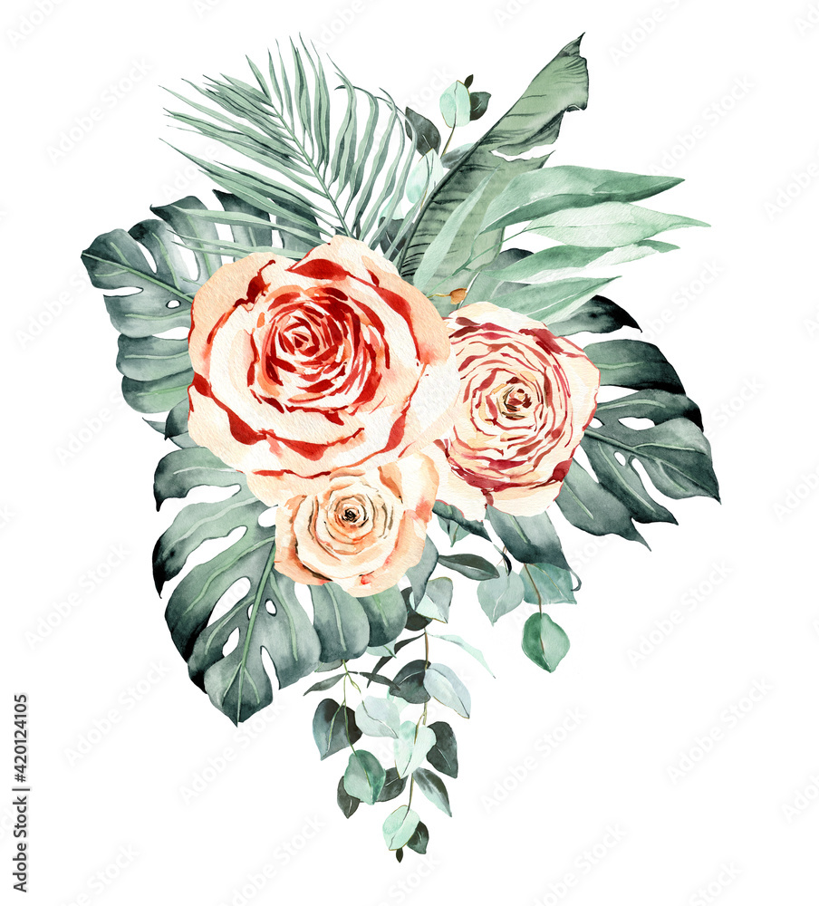 Boho tropical flowers clipart, Watercolor boho roses and palm leaves ...