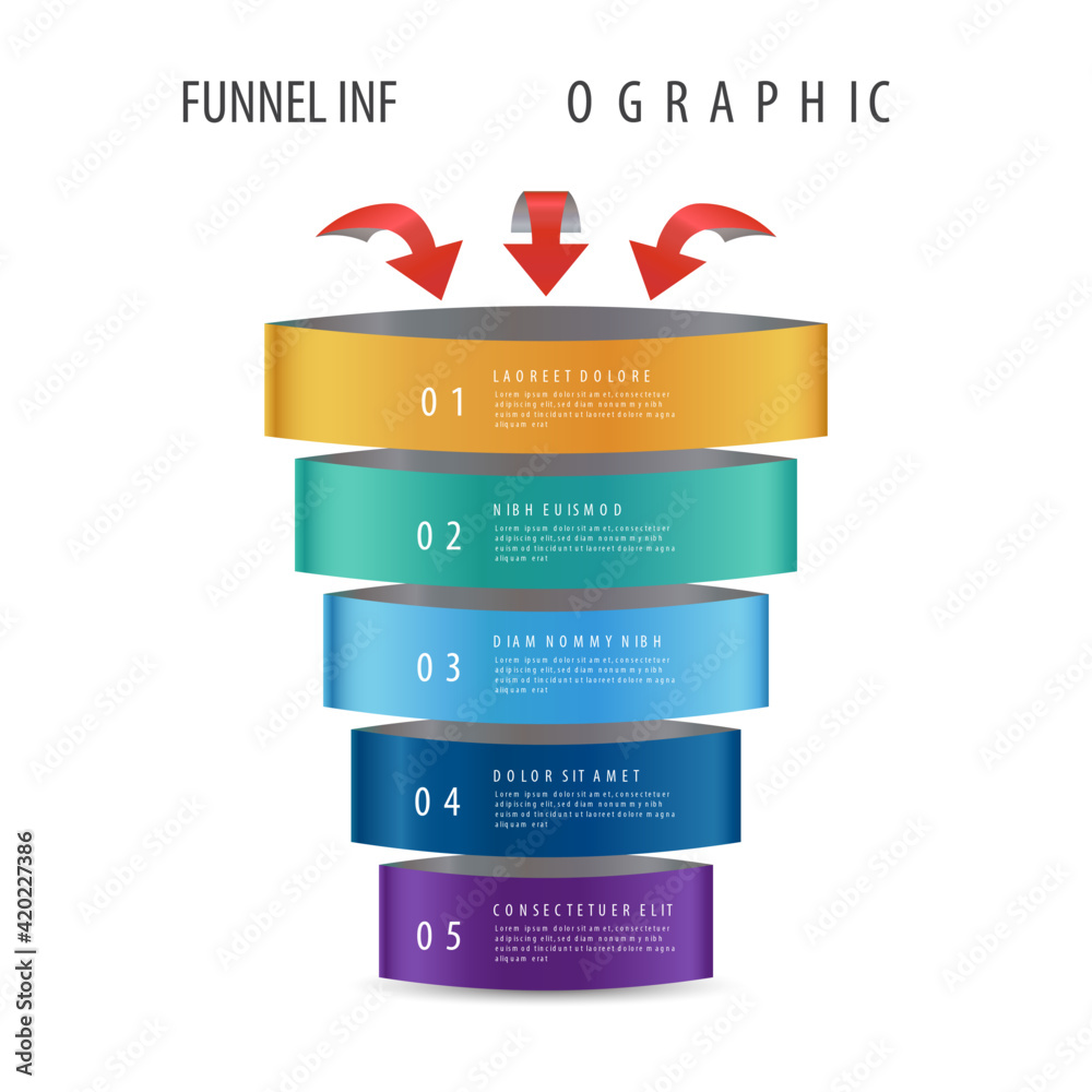 5 points of funnel diagram with arrows, stages and steps infographic ...