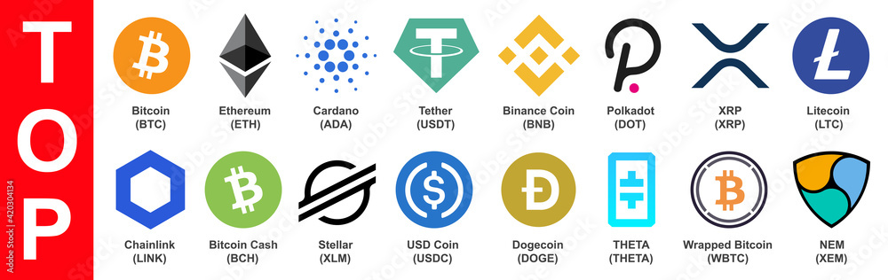 Set of top cryptocurrency tokens by capitalization in 2021 year, crypto ...