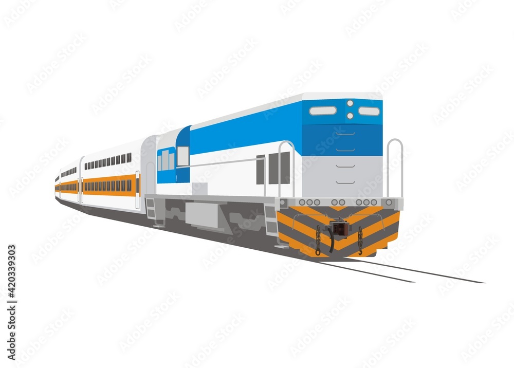 เวกเตอร์ Stock Diesel locomotive pulling double decker passenger train ...