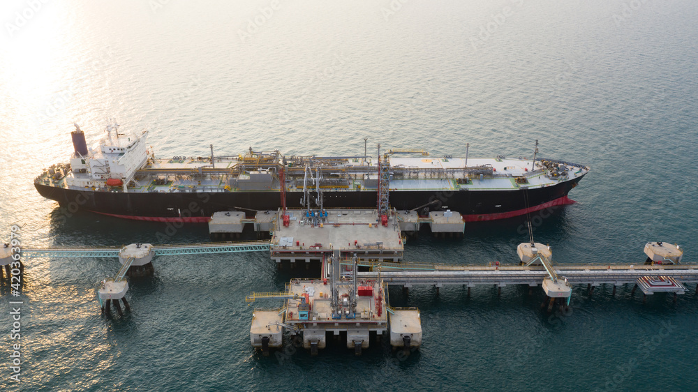 Aerial view tanker park offshore at oil terminal commercial port for ...