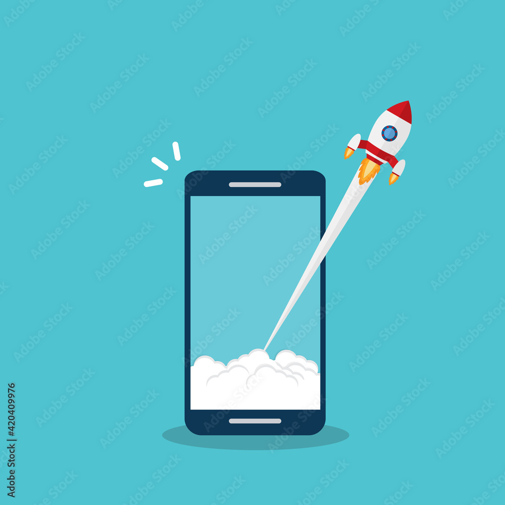 App launch. Startup vector concept, flat cartoon rocket or rocketship ...