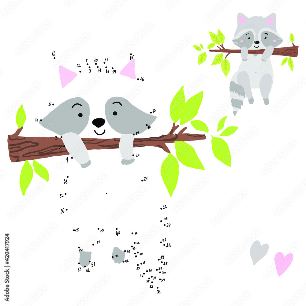 Connect the Dots and draw a Cute Cartoon Raccoon. Educational game for ...