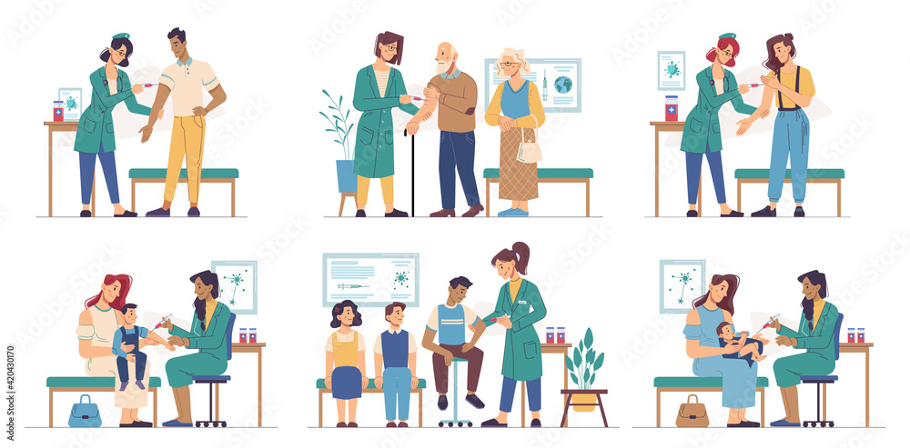 Vaccination people of different ages in clinic isolated flat cartoon ...