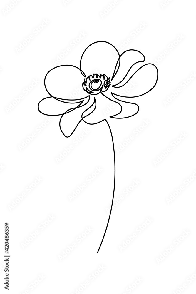 Flower in continuous line art drawing style. Anemone windflower black ...