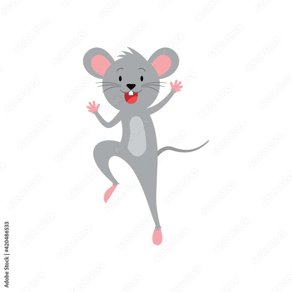 Cartoon joyful mouse jumping isolated on white. Smiling rat hopping ...
